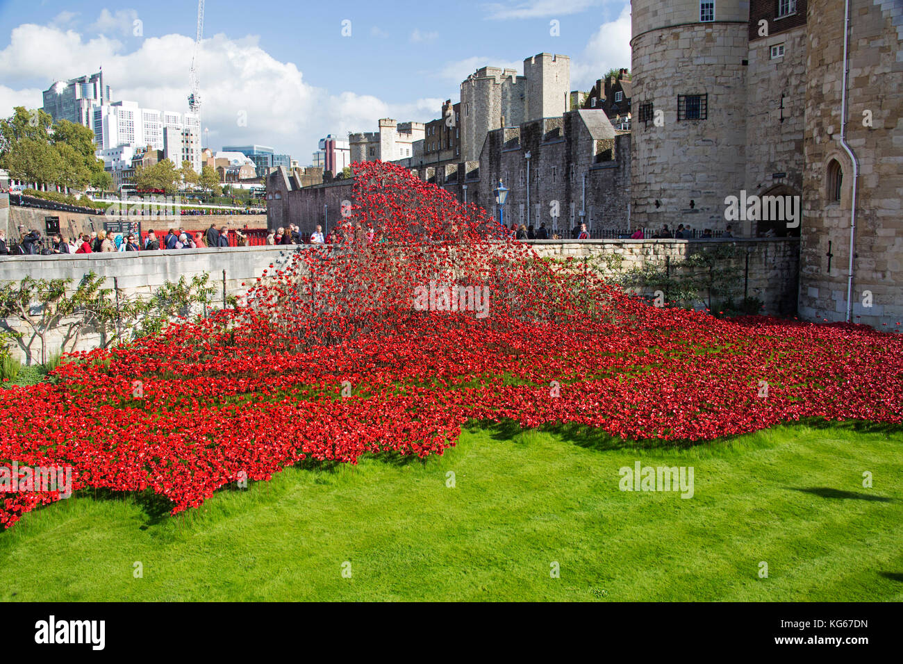 Display of ceramic poppies in the moat of the Tower of London ...