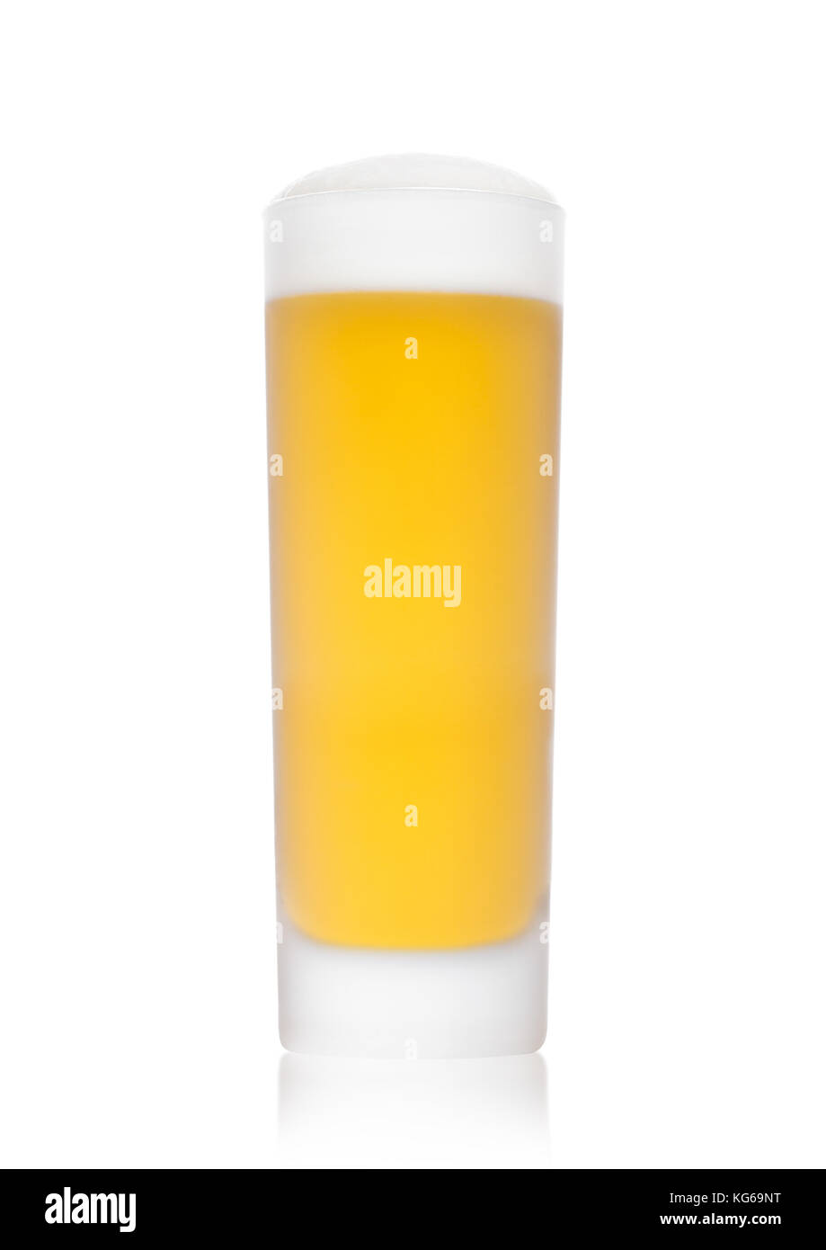 Cold frosted glass of lager beer with foam isolated on white background ...