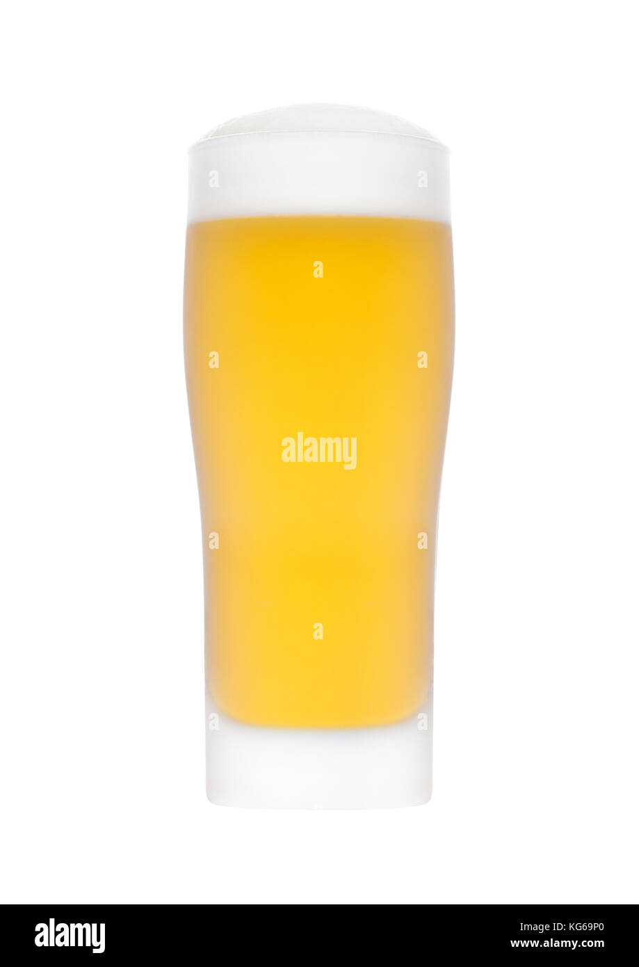 Cold frosted glass of lager beer with foam isolated on white background ...