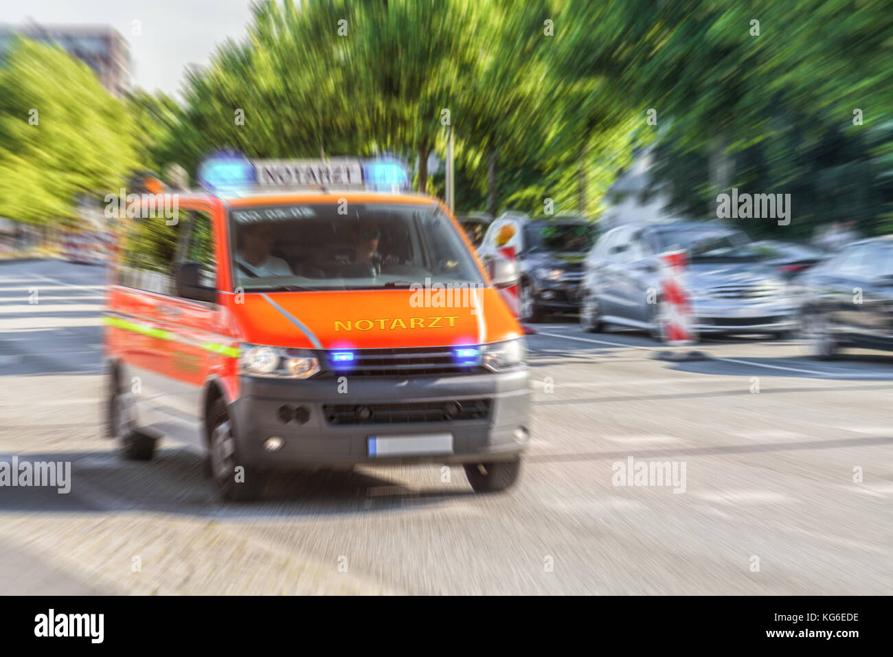 German Notarzt, emergency doctor car from fire department drives on a ...