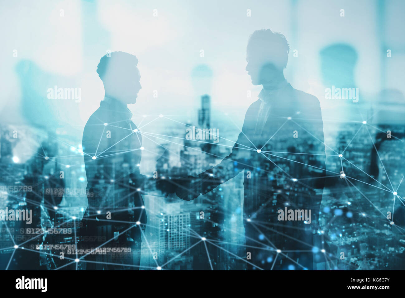 Handshake of two businessperson in office with network effect. concept ...