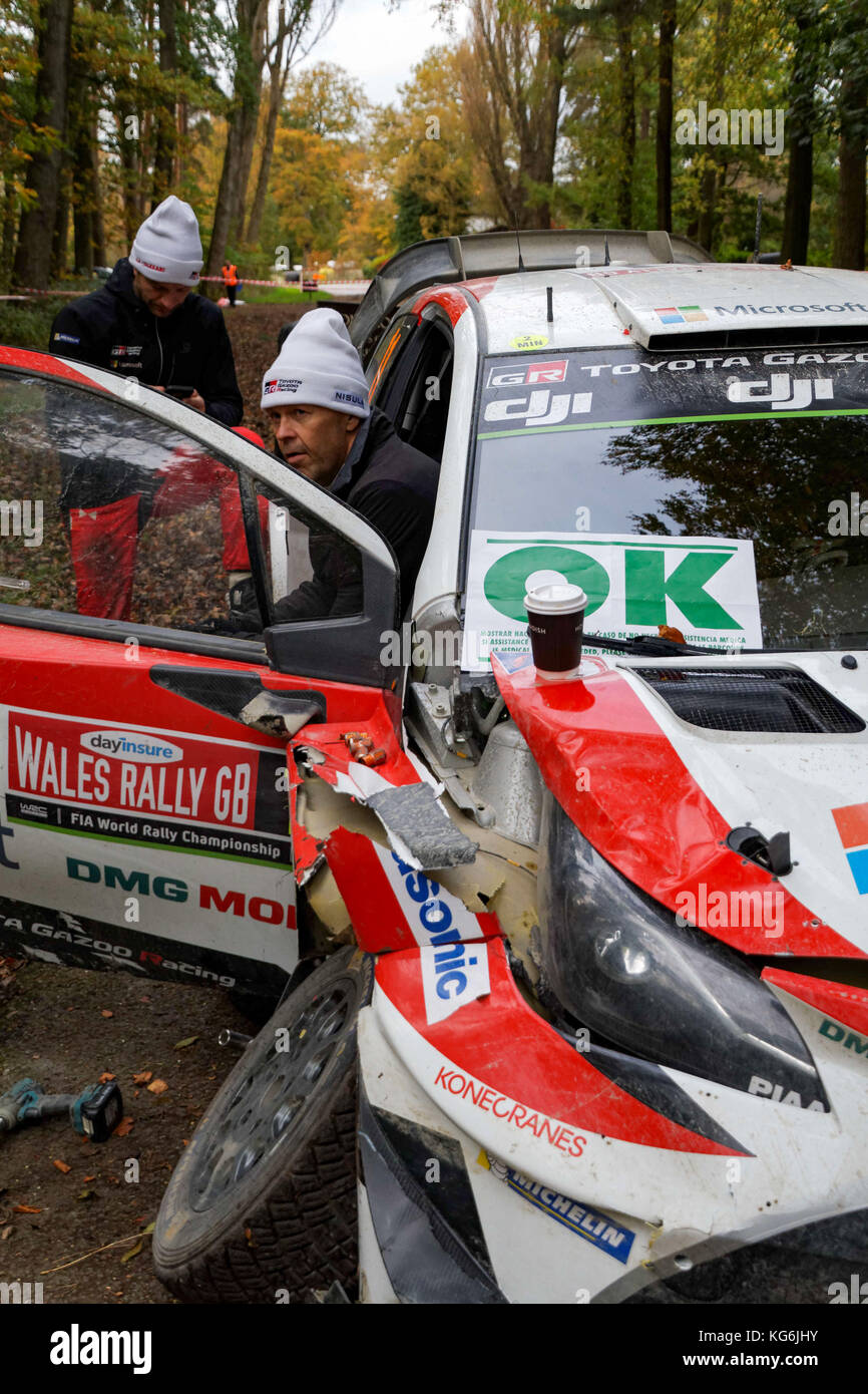The wrecked Toyota Yaris WRC rally car of #11 Juho Hanninen (L) and co ...