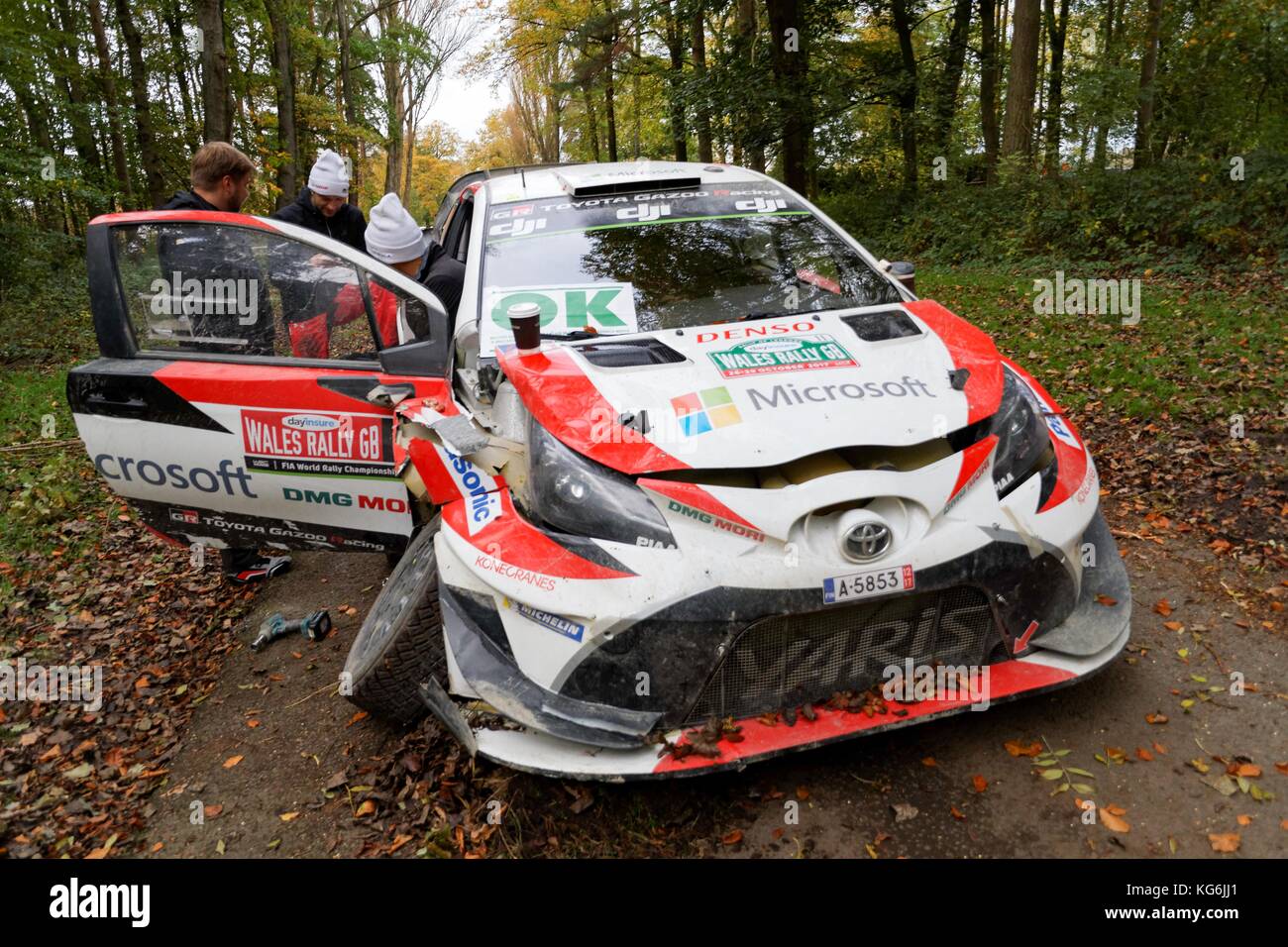 The wrecked Toyota Yaris WRC rally car of #11 Juho Hanninen (2L) and co ...
