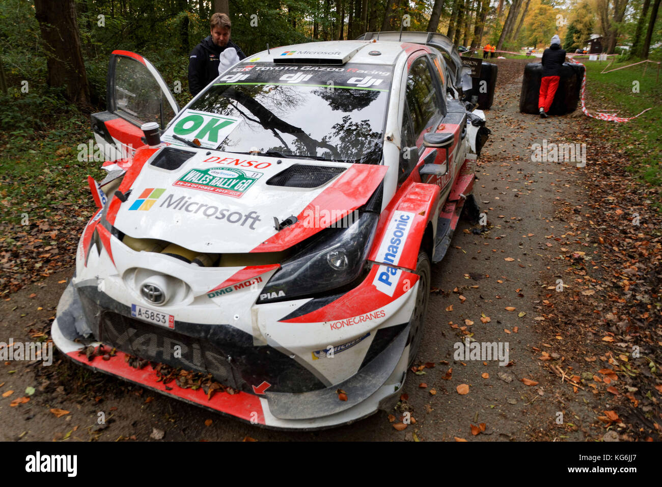 The wrecked Toyota Yaris WRC rally car of #11 Juho Hanninen (FIN) and ...