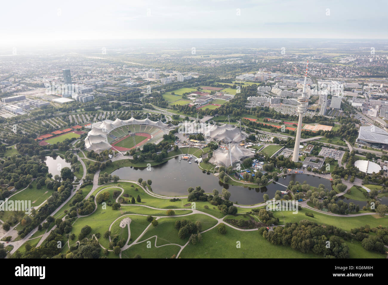 aerial view of Olympic Park (Olympiapark München), Munich, Bavaria ...