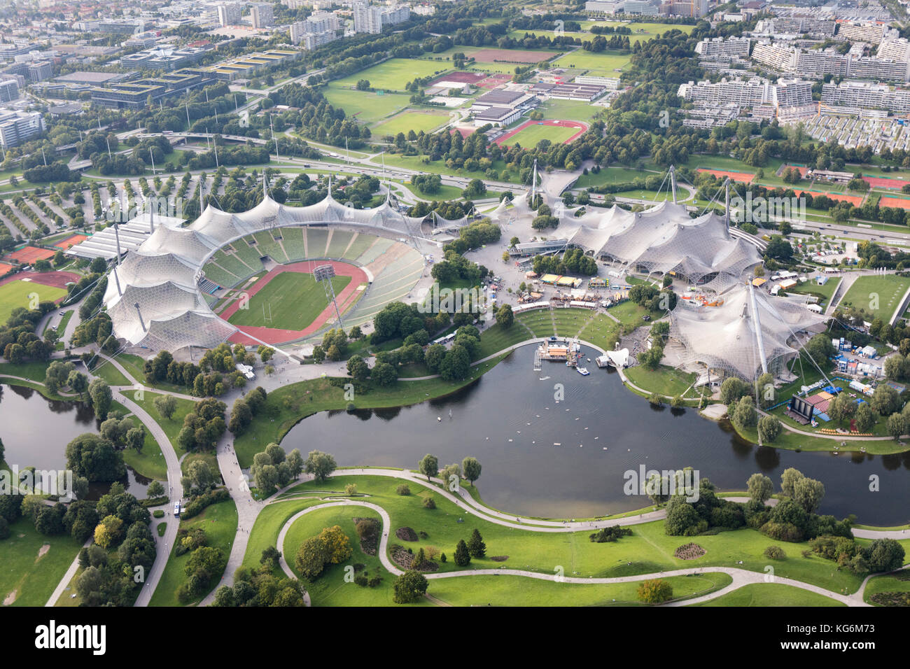 aerial view of Olympic stadium and Park (Olympiapark München), Munich ...