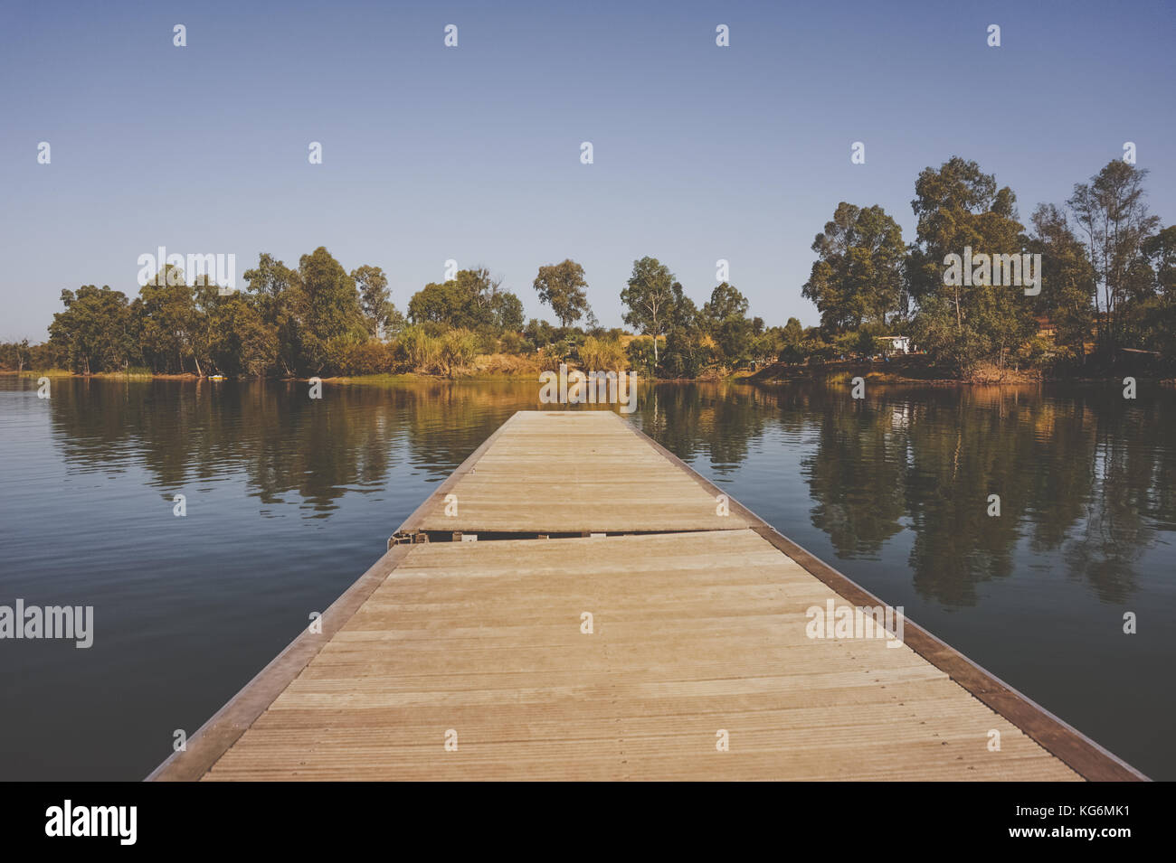 wooden pier in the lake with florest trees scenery background Stock ...
