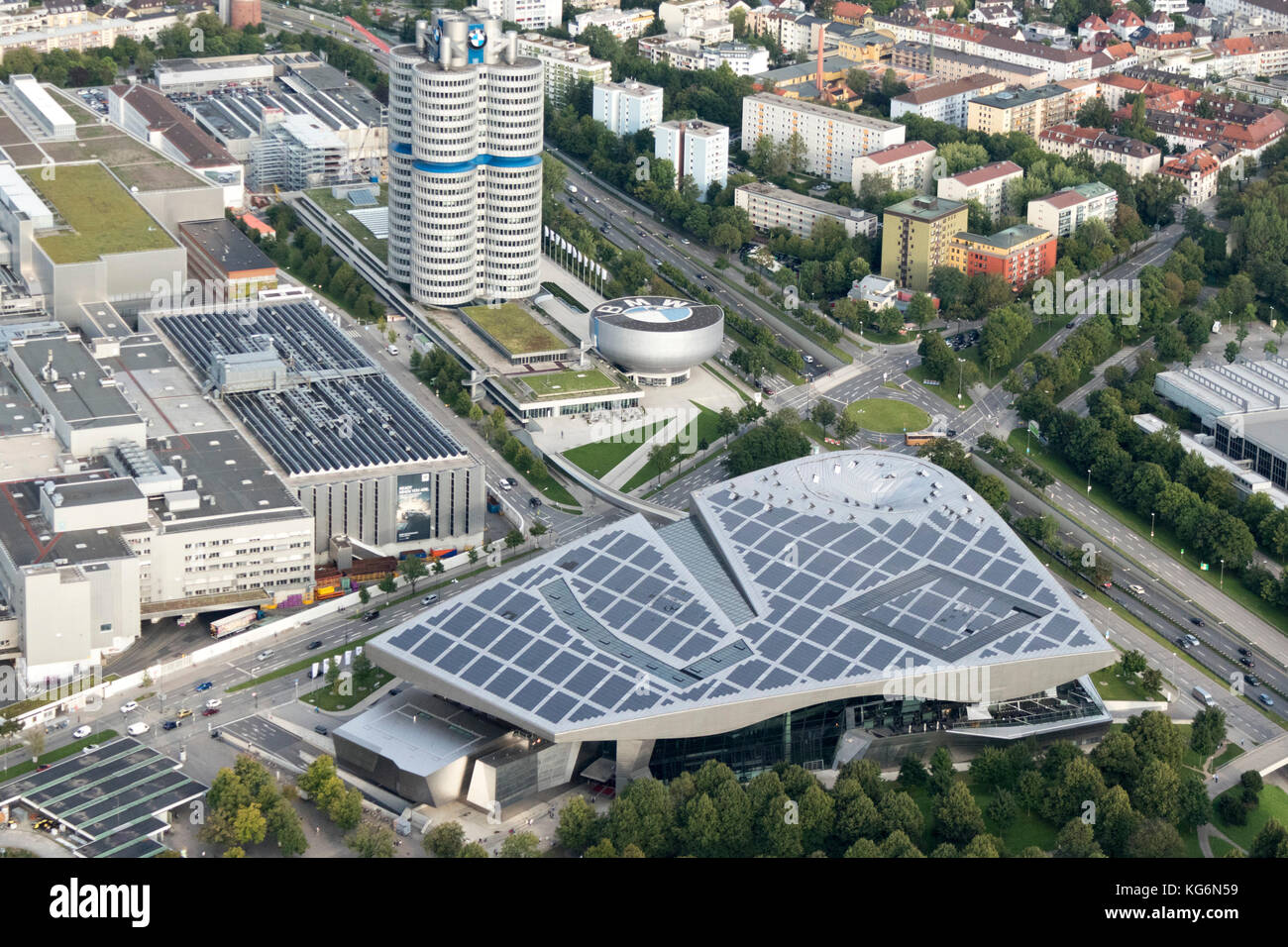 aerial view of BMW headquarters and World (Welt), Munich, Bavaria ...