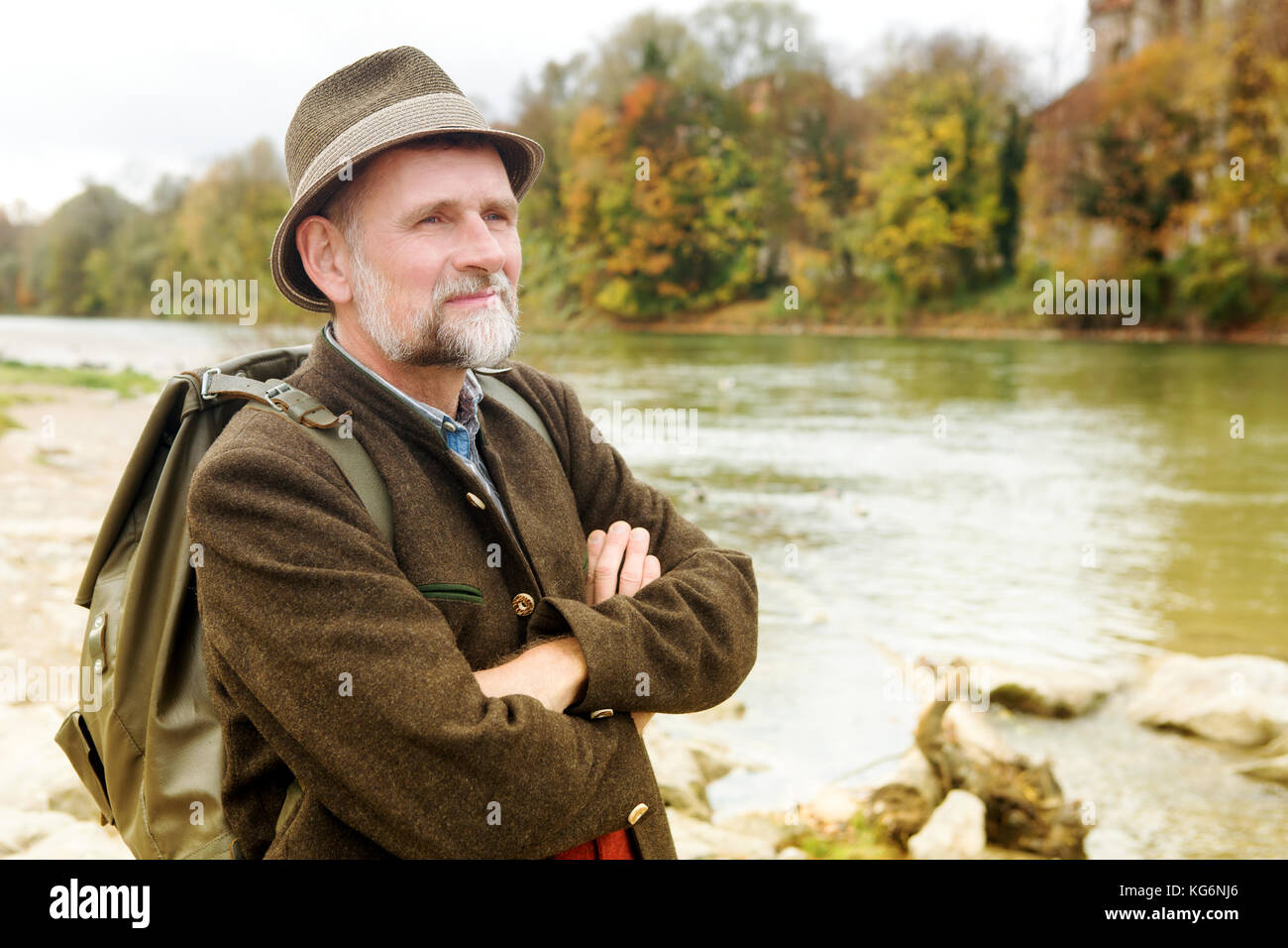 portrait of bavarian man in his 50s standing by the river Stock Photo ...
