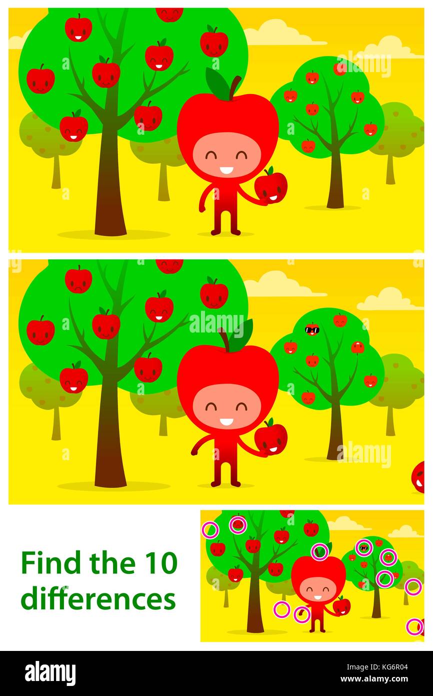 Spot the ten differences game for children - orchard with smiling apple ...