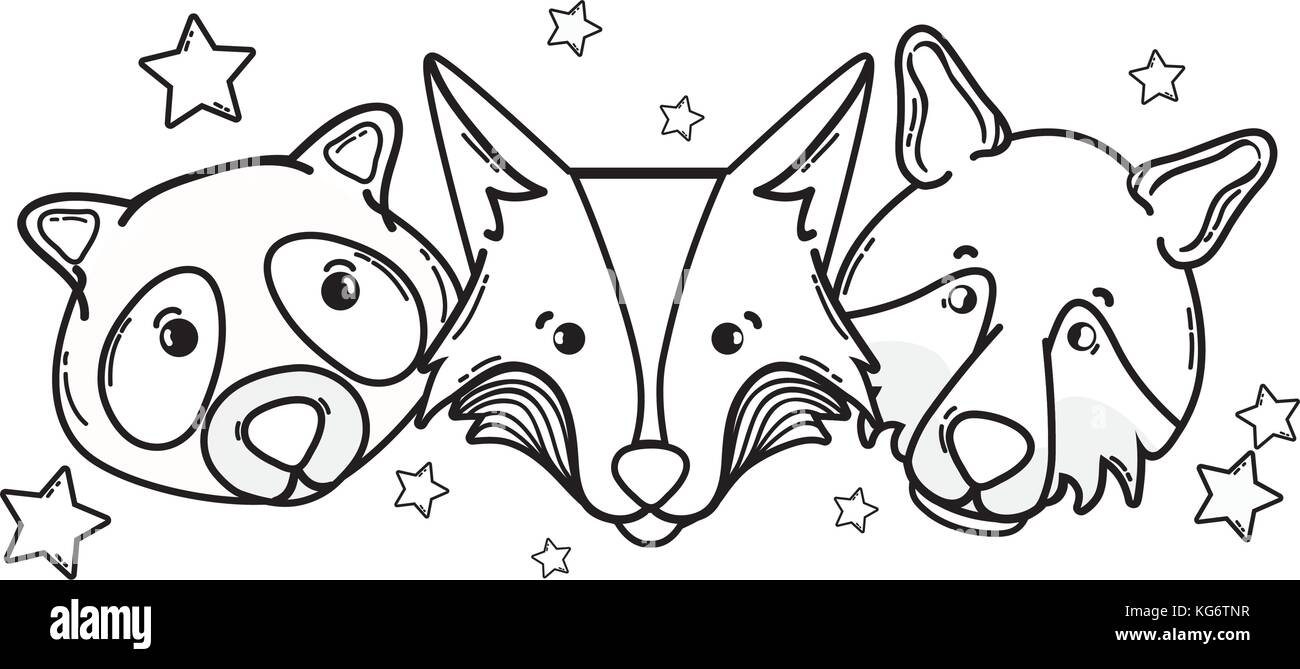 line cute wild animal head together vector illustration Stock Vector ...