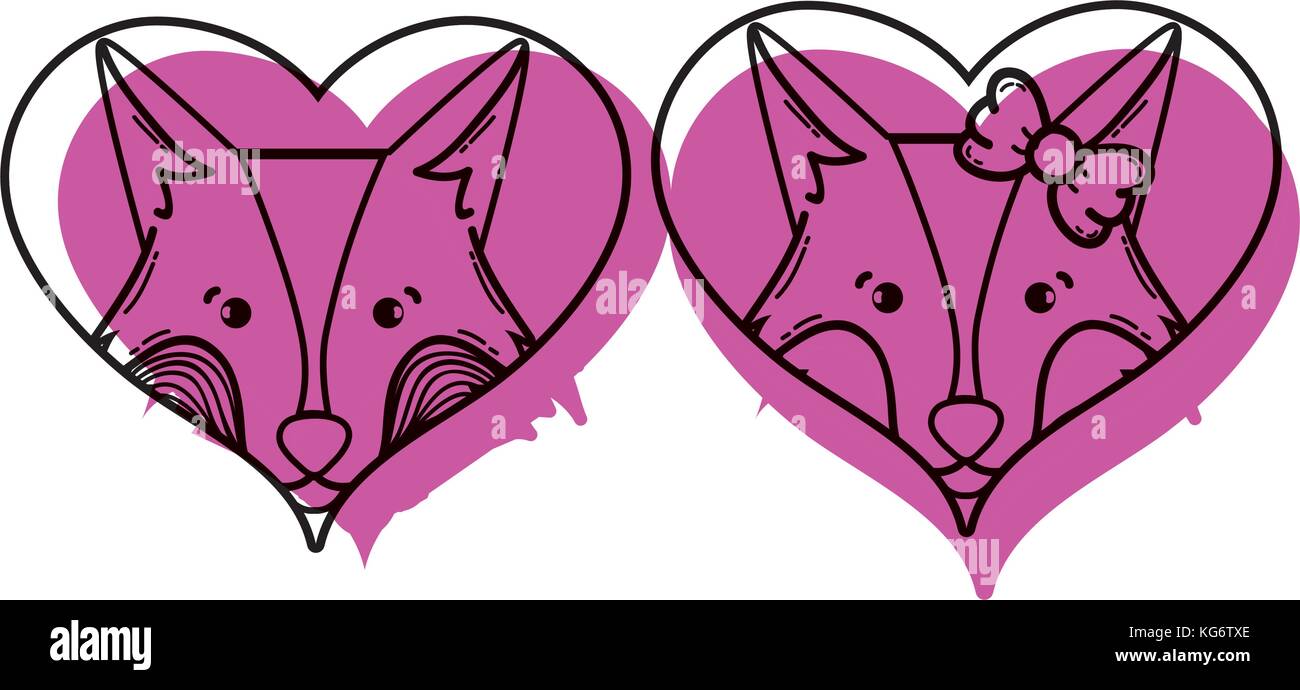 color cute fox couple animal inside the hearts vector illustration ...