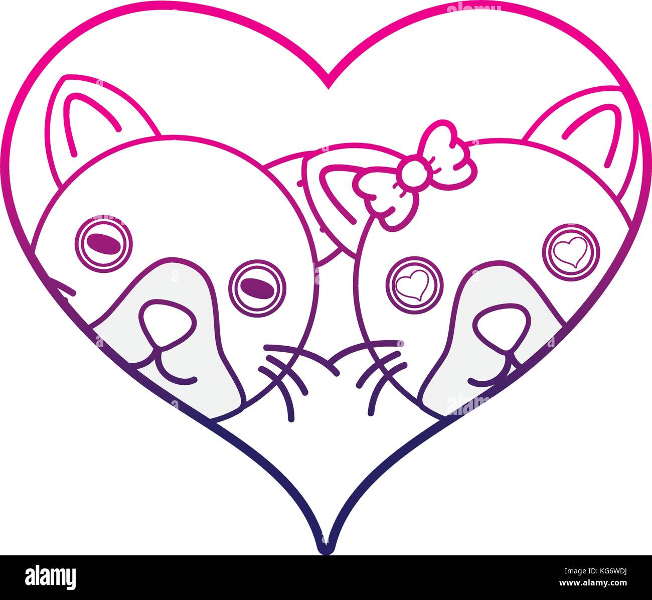 line cute cat couple animal together inside the heart vector ...