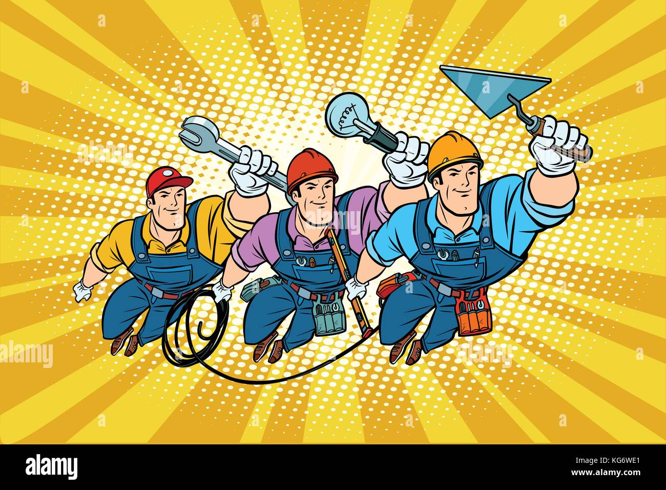Set electrician Builder and repairer professionals. Comic book cartoon ...