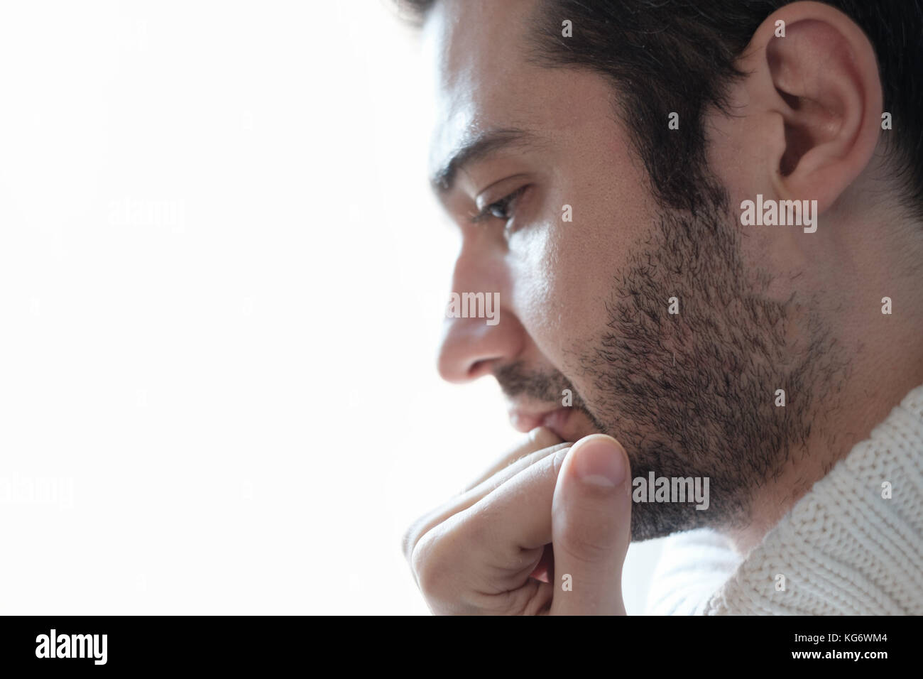 Sad man portrait looking out of the window Stock Photo - Alamy