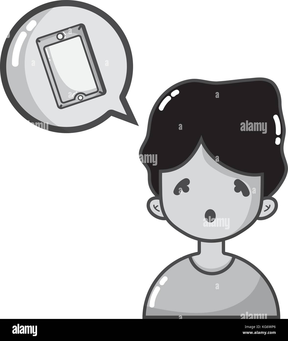 grayscale boy with smartphone technology inside chat bubble vector ...
