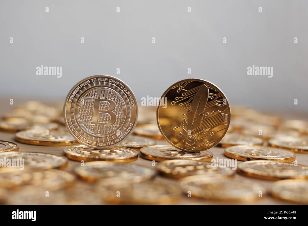 Digital currency physical bitcoin coin. Gold background coins concept ...