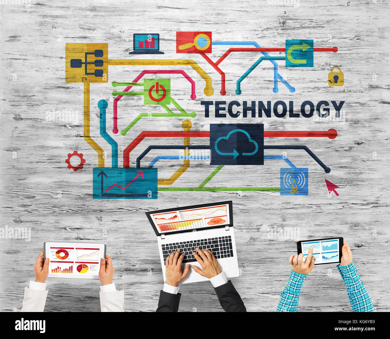 Group of three people with devices in hands working together as symbol ...