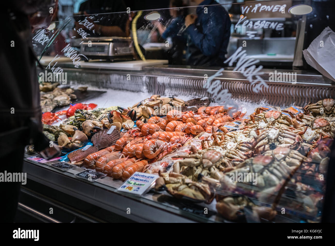 Bergen, Norway - October 2017 : Fresh seafood stalls on the indoor fish ...