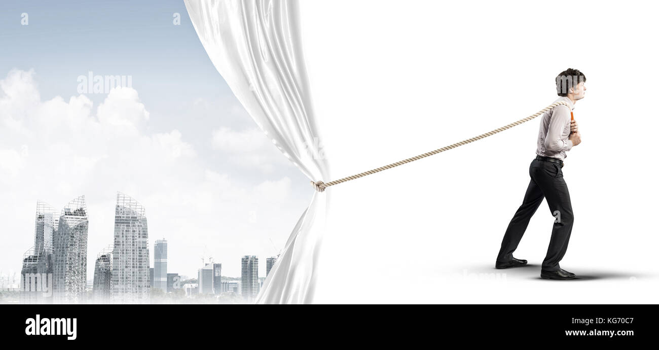Businessman pulling white blank fabric. Place for text Stock Photo - Alamy Businessman pulling white blank fabric. Place for text Stock Photo - Alamy