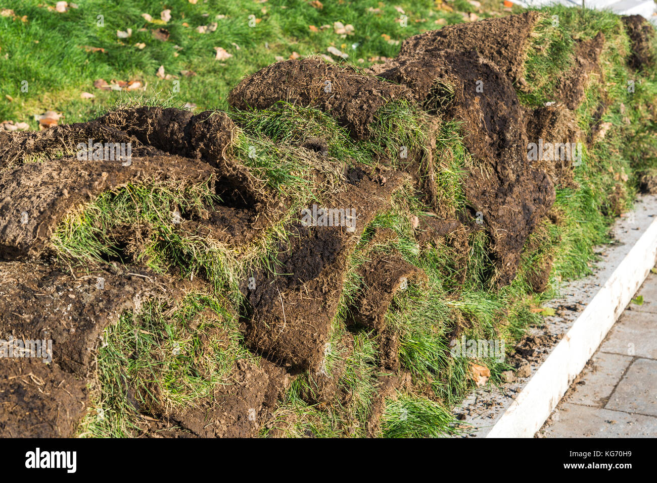 The rolled lawn folded in stacks on the street Stock Photo - Alamy