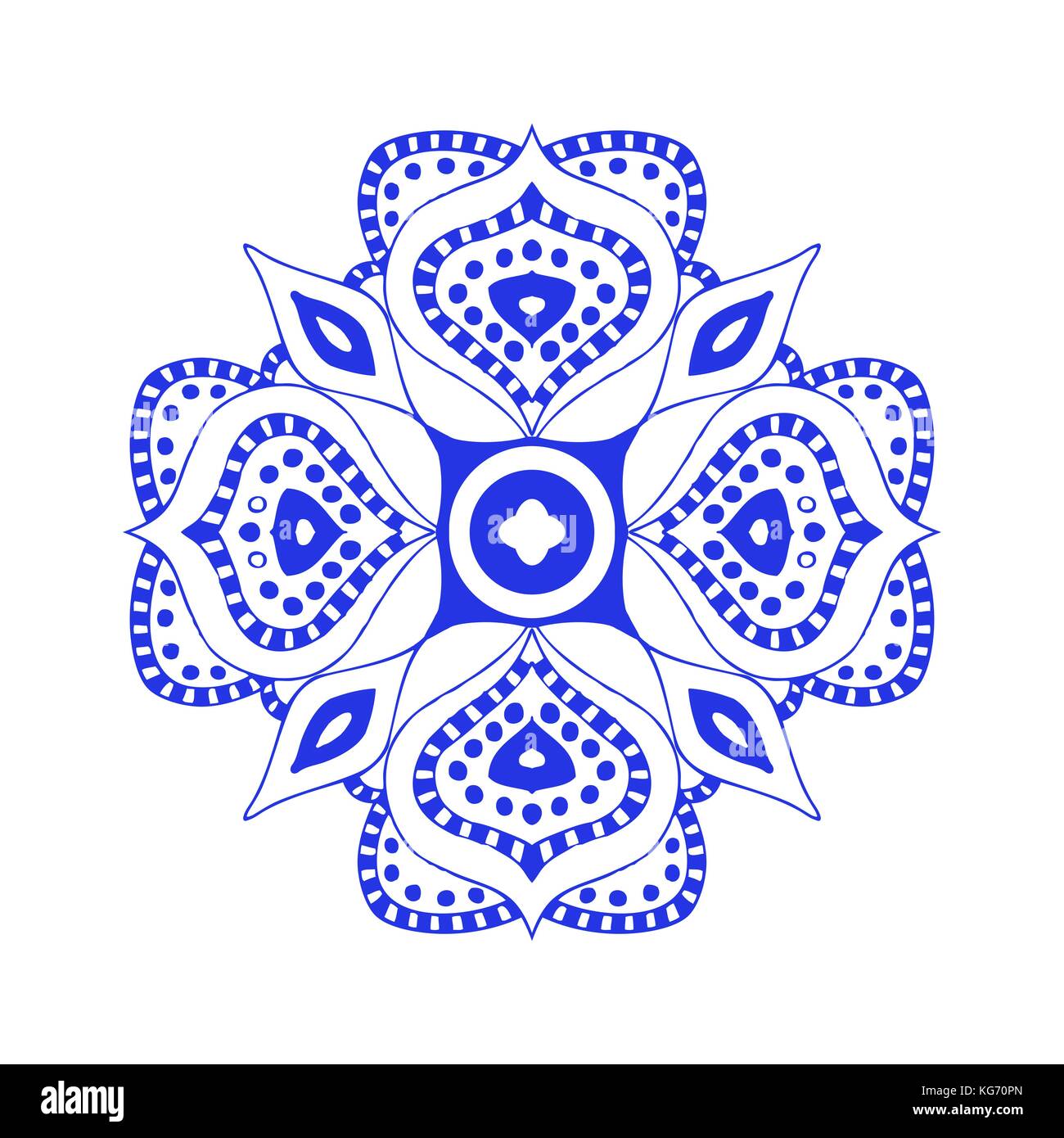 Round blue floral ornament, isolated on white background. Vector ...
