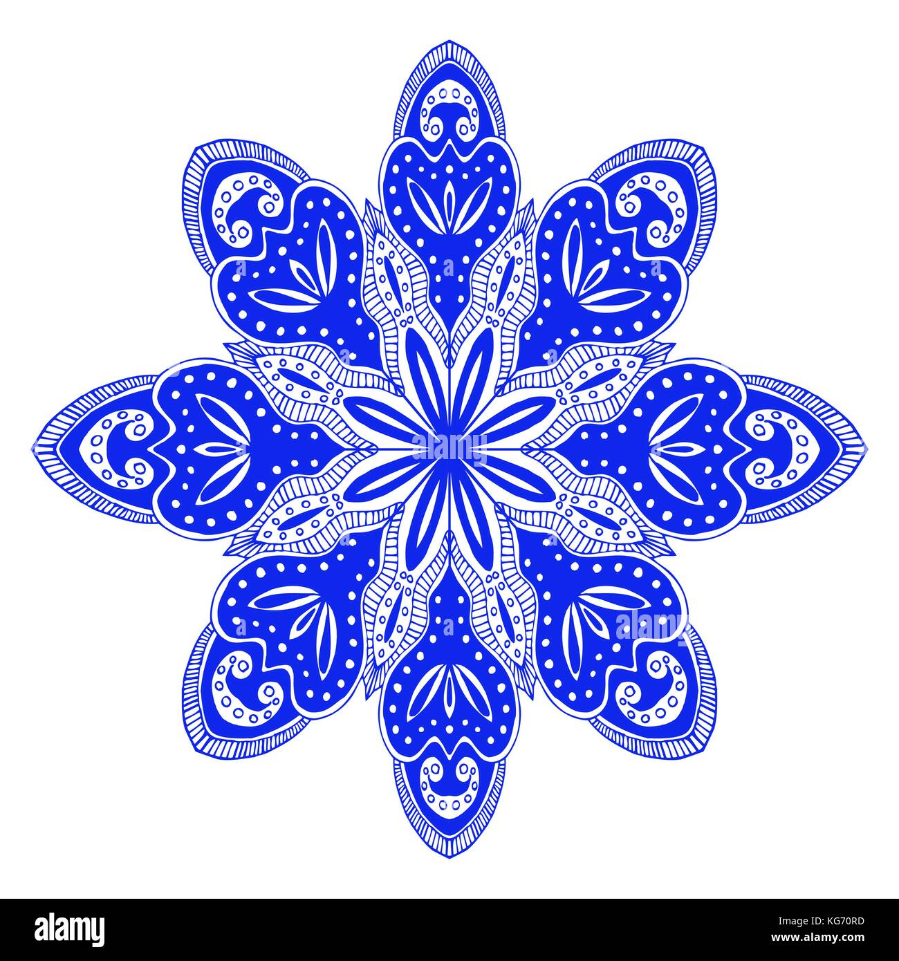 Round blue floral ornament, isolated on white background. Vector ...