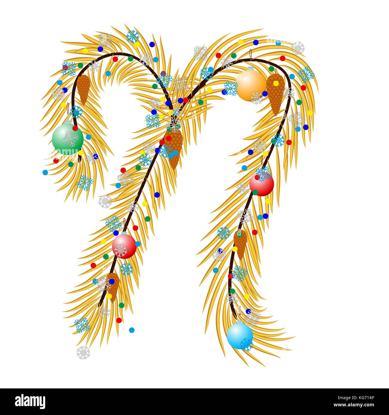 N - Letter. Made of a Christmas tree with festive decorations. Isolated ...
