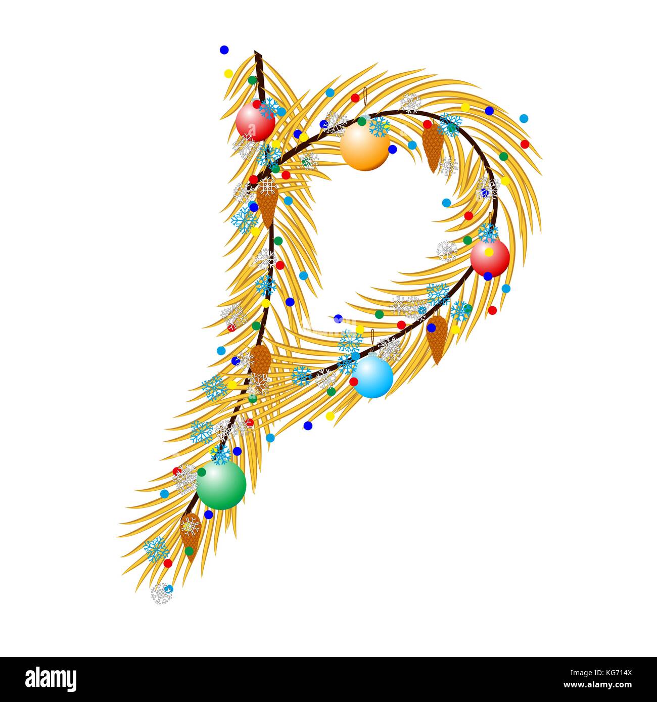 P - Letter. Made of a Christmas tree with festive decorations. Isolated ...