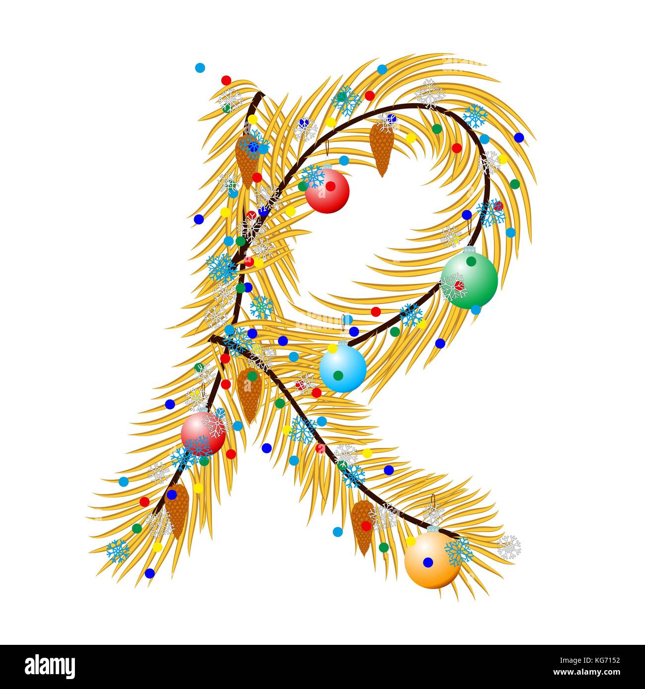 R - Letter. Made of a Christmas tree with festive decorations. Isolated ...