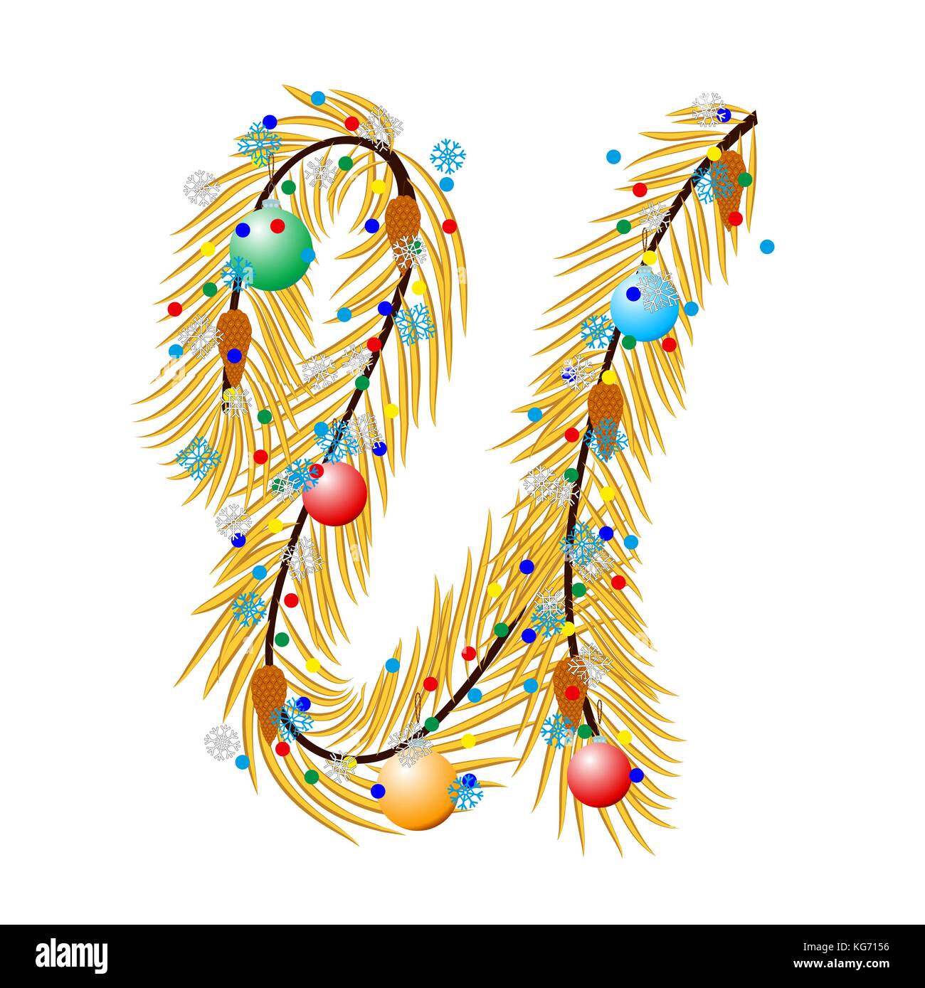 U - Letter. Made of a Christmas tree with festive decorations. Isolated ...