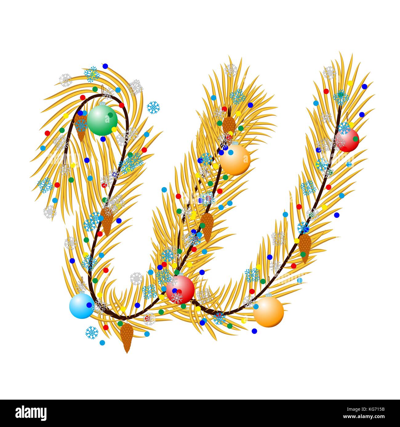 W - Letter. Made of a Christmas tree with festive decorations. Isolated ...