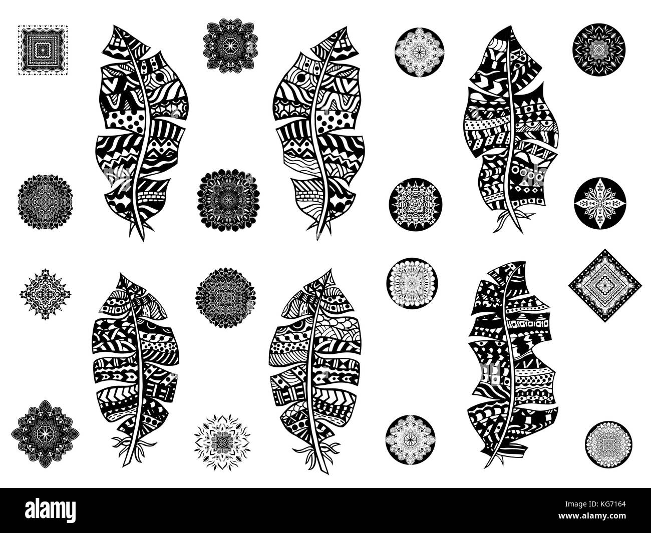 Set of feathers on a white background. Vintage tribal feathers. Series ...