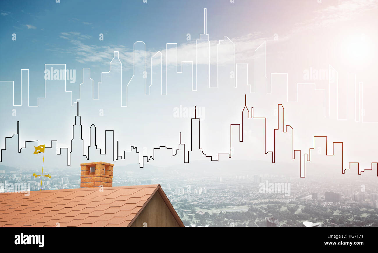 Brick house roof and modern cityscape at background Stock Photo - Alamy