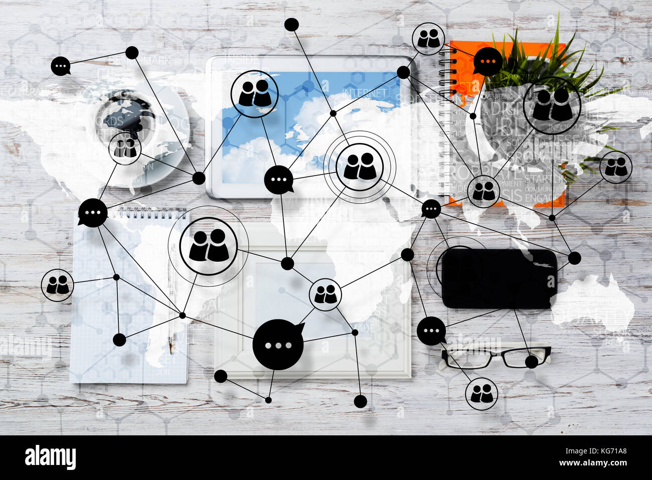 Top view of modern workplace with office stuff and global map with ...