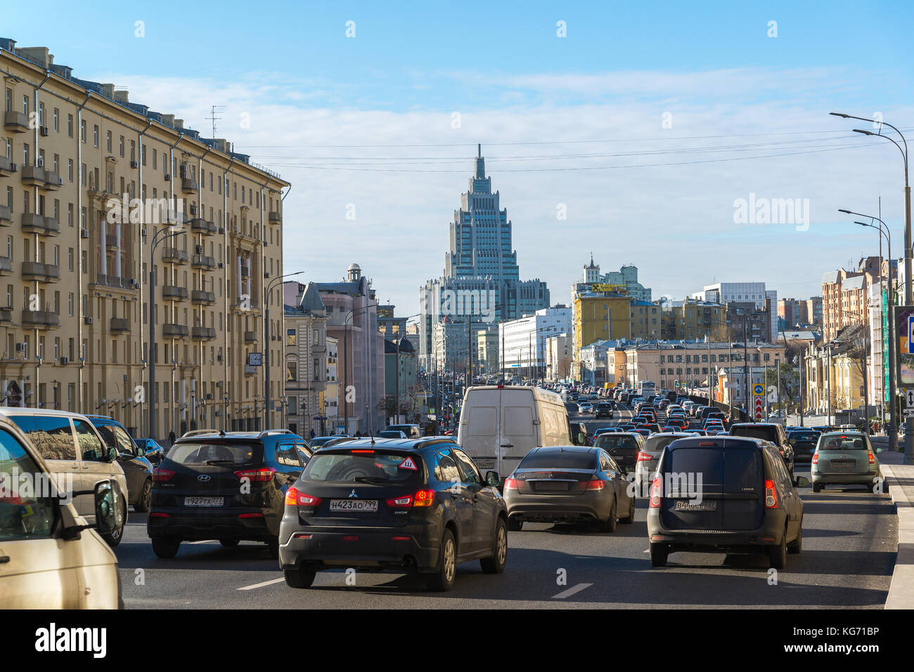 Moscow, Russia - November 2. 2017. Traffic in Malaya Sukharevskaya area ...
