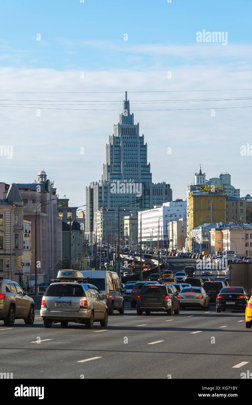 Moscow, Russia - November 2. 2017. Traffic in Malaya Sukharevskaya area ...