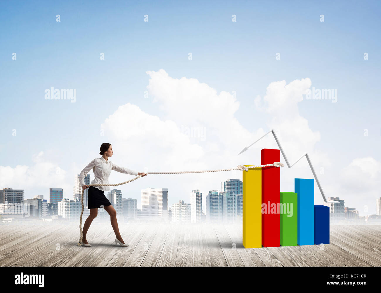 Young woman outdoors and growing graph presenting growth progress Stock ...
