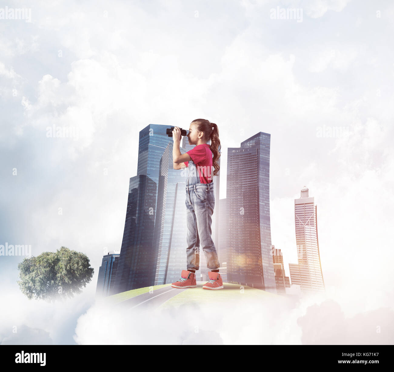 Cute kid girl on city floating island looking in binoculars Stock Photo ...