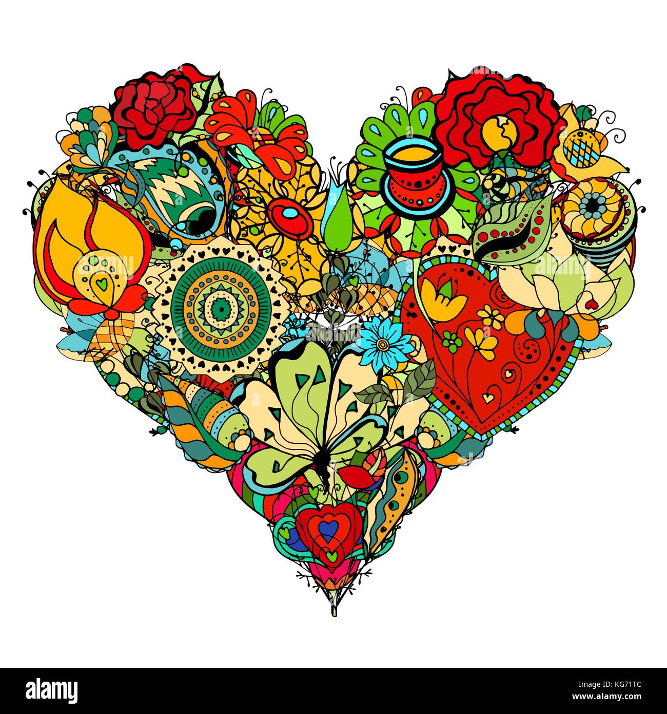 Hand drawn Heart of flower doodle background. Vector illustration Stock ...