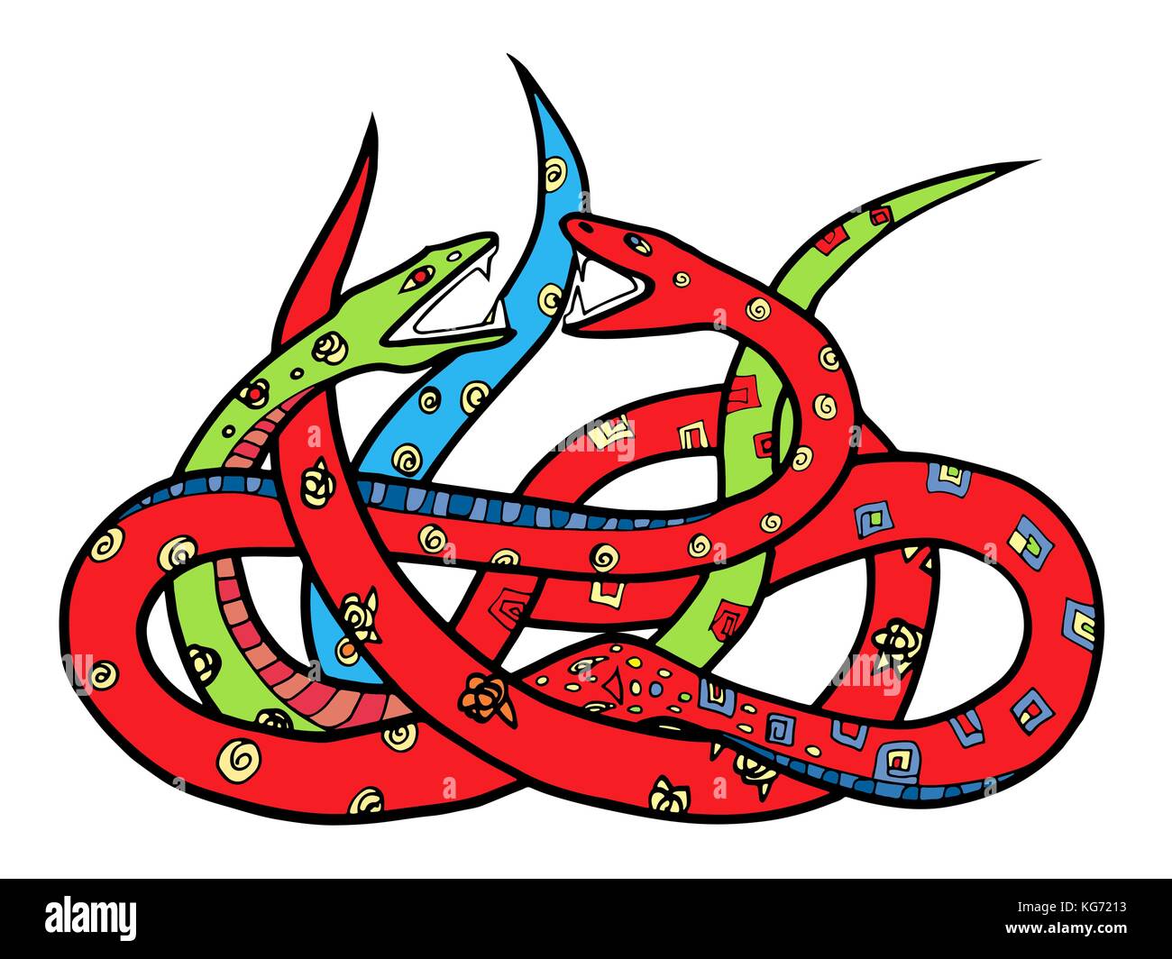 Two ornate snakes. Hand drawn illustration with tangle of two colorful ...