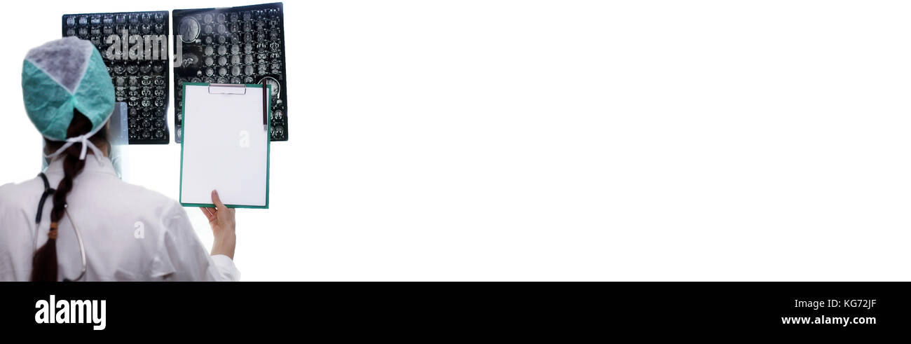 isolated poster with doctor holding a picture of a brain MRI workflow ...