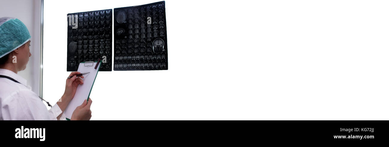 isolated poster with doctor holding a picture of a brain MRI workflow ...