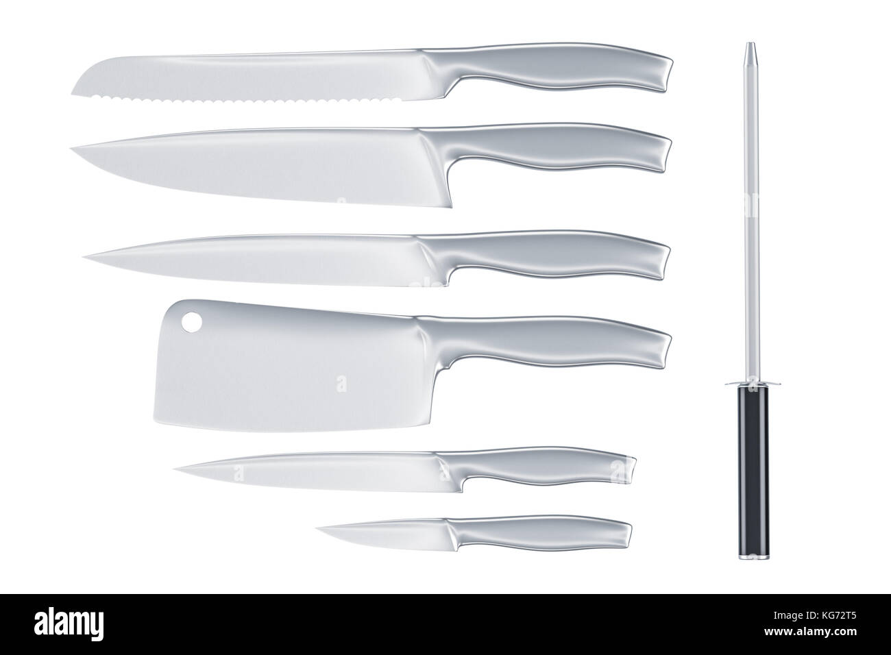 Set of kitchen knives with knife sharpener, 3D rendering isolated on ...