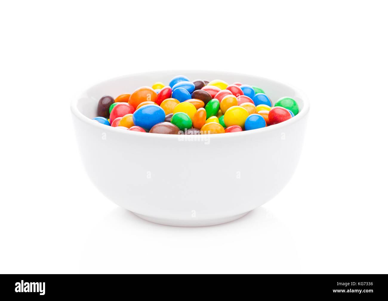 Round colorful coated sweet candies in white bowl on white background ...