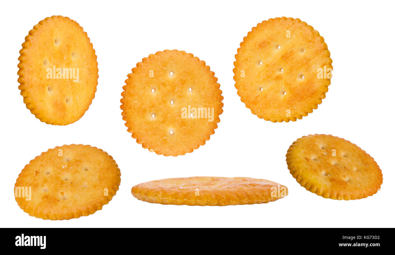 Round cheese crackers with salt isolated on white background. Diffrent ...