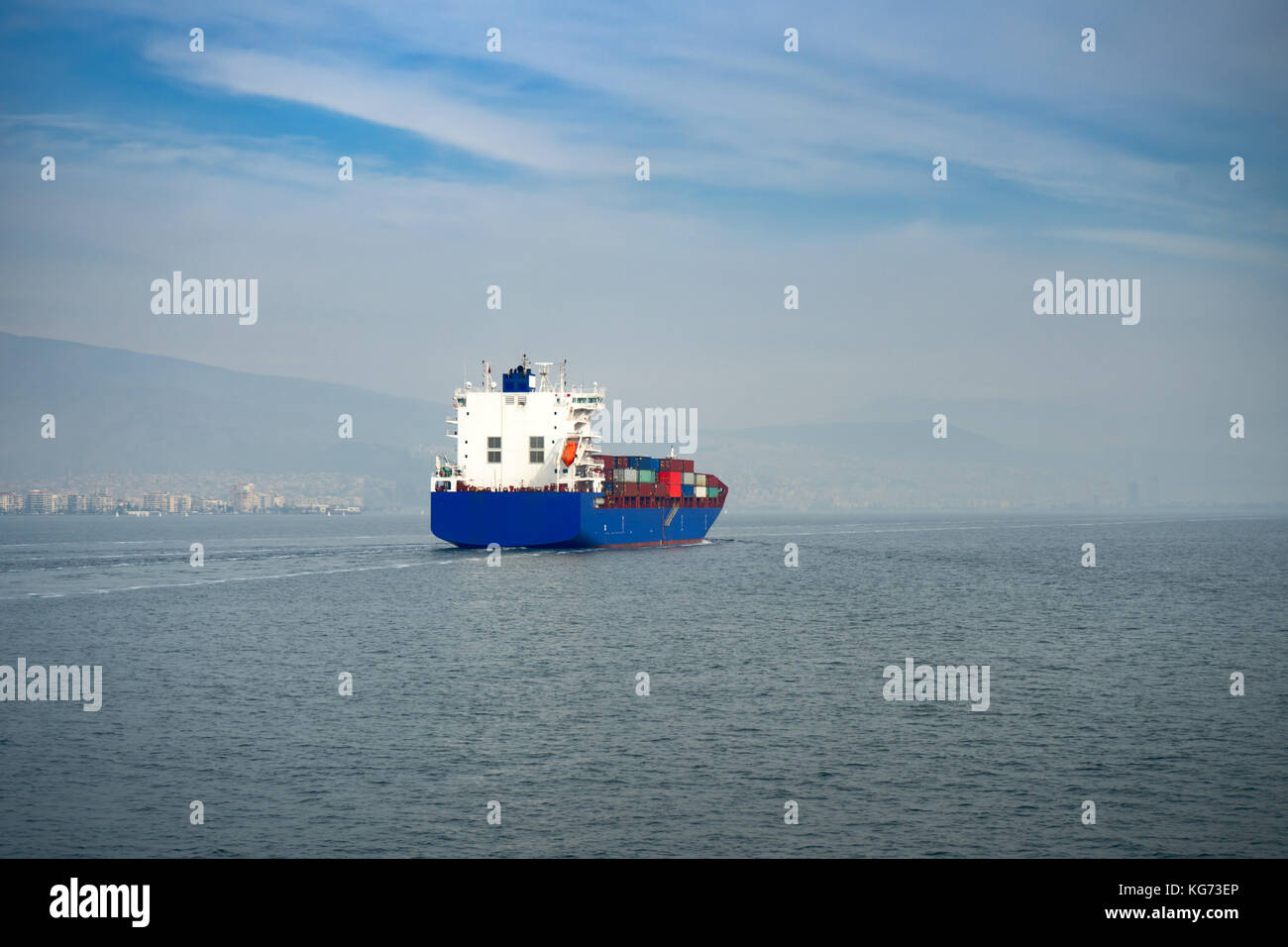 the blue container ship cruising at sea Stock Photo - Alamy