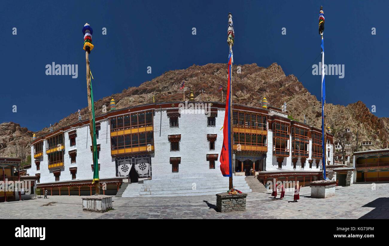 The courtyard of the Buddhist monastery Hemis, the white gong building ...