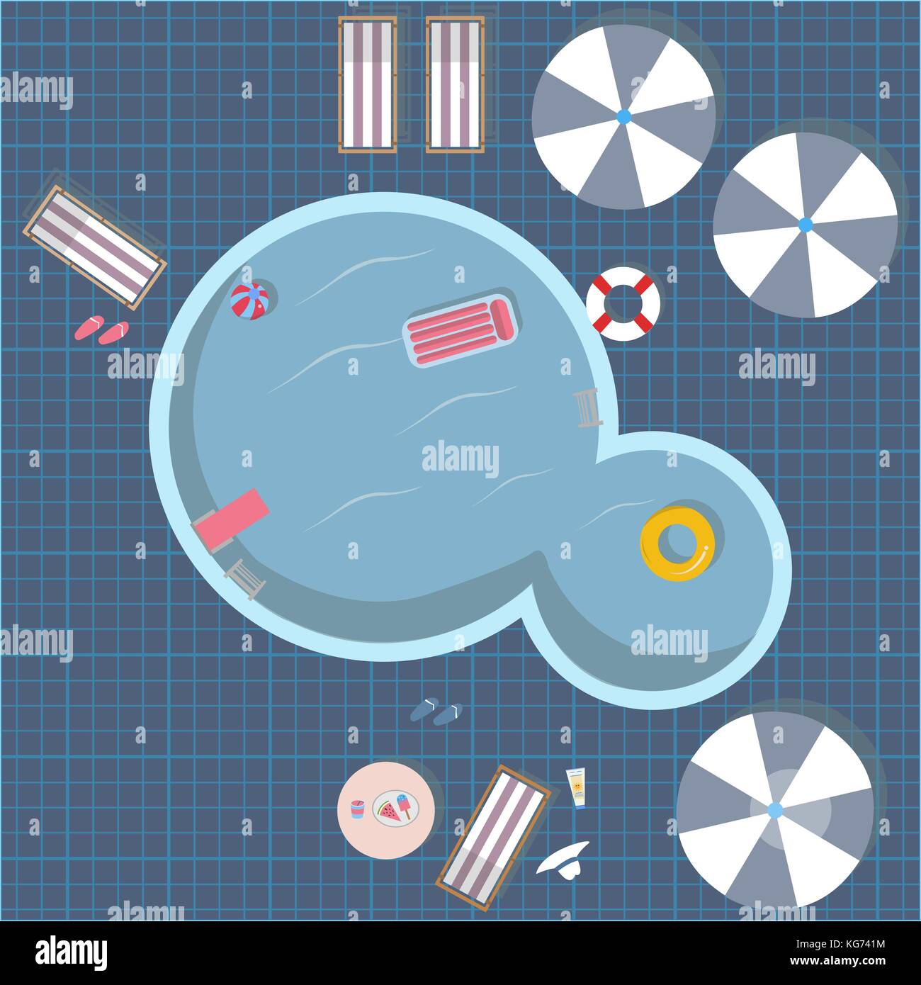 Swimming pool vector illustration with pool toys like rubber ring, pool ...