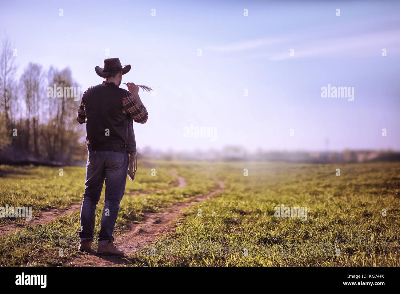 Cowboy in a hat and with a lasso standing in a field at sunset Stock ...